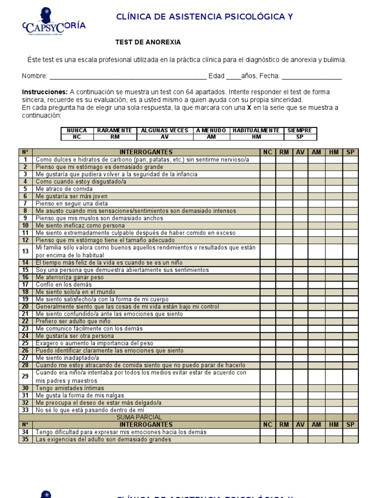 Test de Anorexia Nerviosa Profesional | PDF | Anorexia nerviosa ...