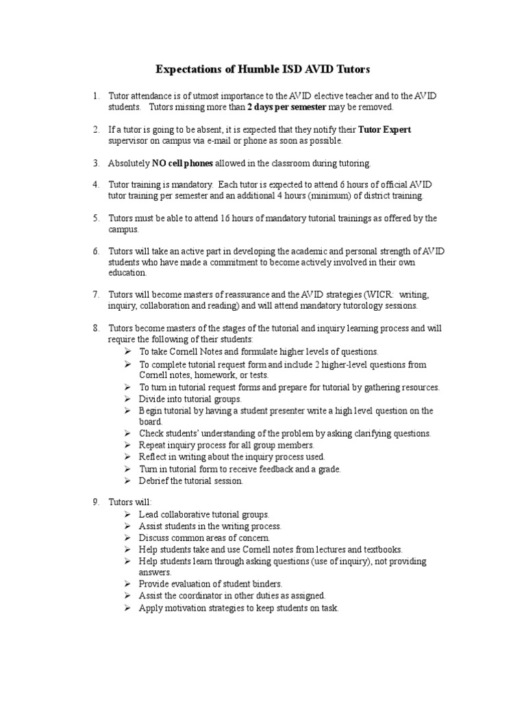 Expectations of Humble ISD AVID Tutors | PDF | Tutor | Motivation