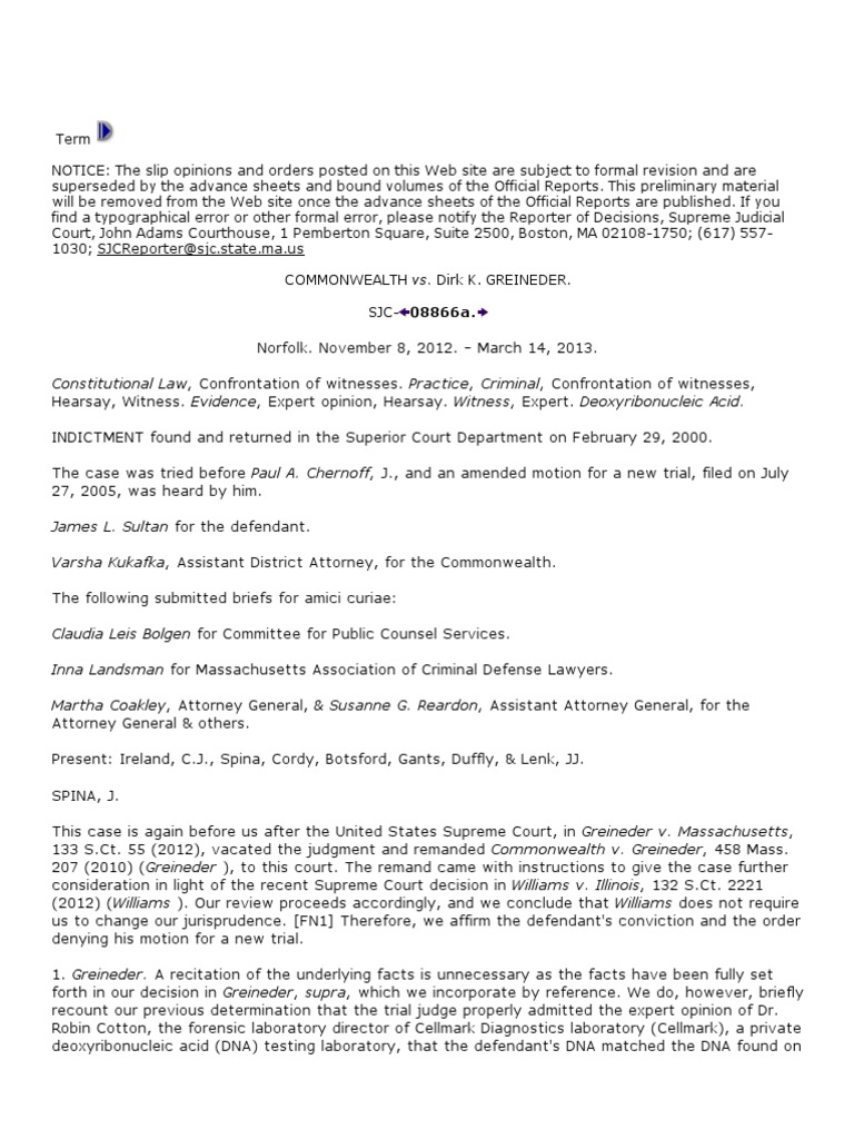 Commonwealth v. Greineder | PDF | Confrontation Clause | Evidence (Law)