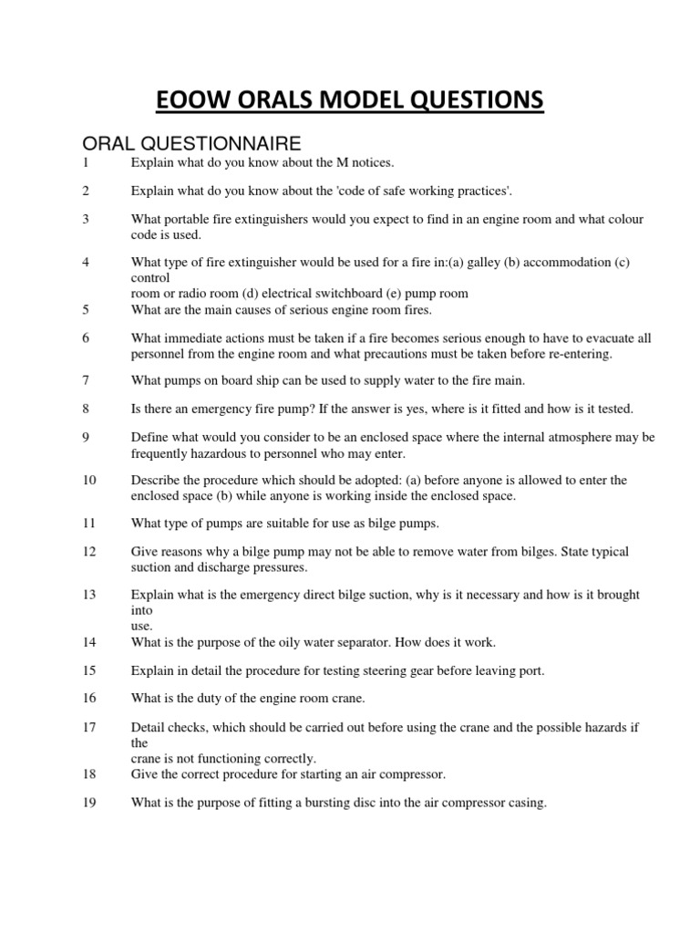 Eoow Orals Questionaire | PDF | Engines | Pump