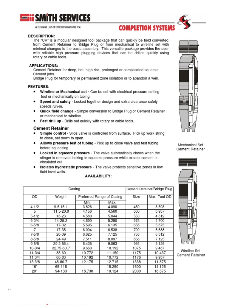 Cement Retainer & Bridge Plug | PDF | Casing (Borehole) | Valve