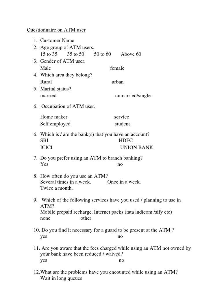 Questionnaire On ATM User | PDF