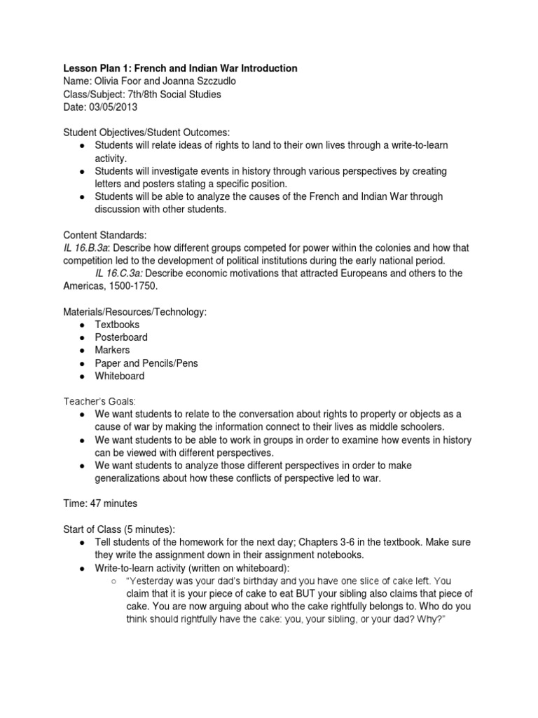 French and Indian War Lesson Plan | PDF | Lesson Plan | Homework