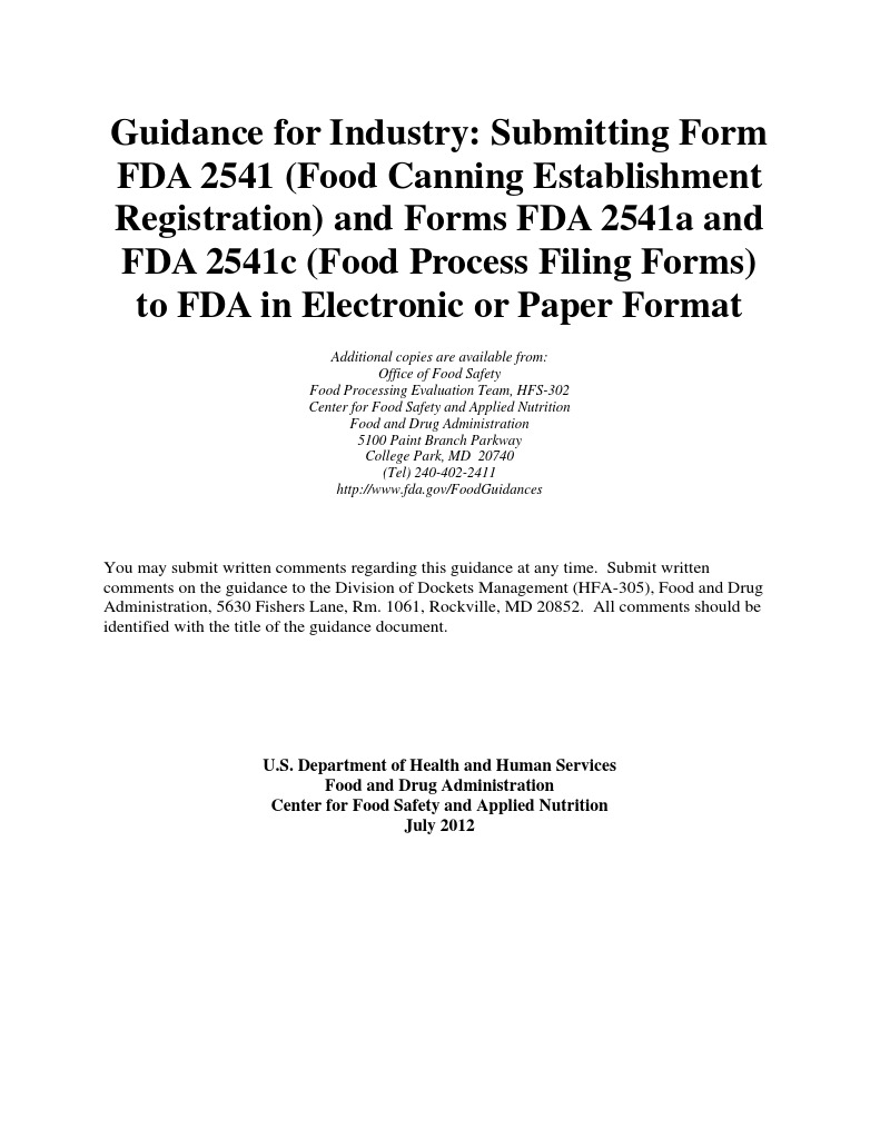 FDA 2541 Submission Guidance for Canning | PDF | Food And Drug ...