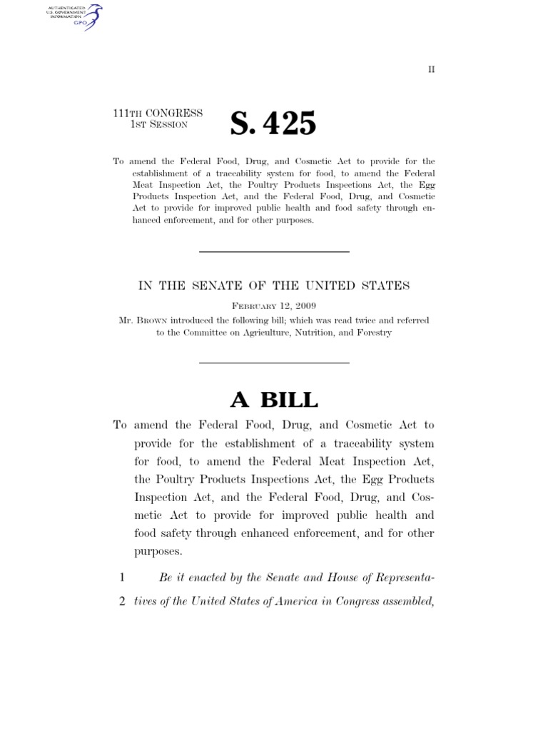 S 425 FDA Farm Nationalization | PDF | Food Safety | Bill (Law)