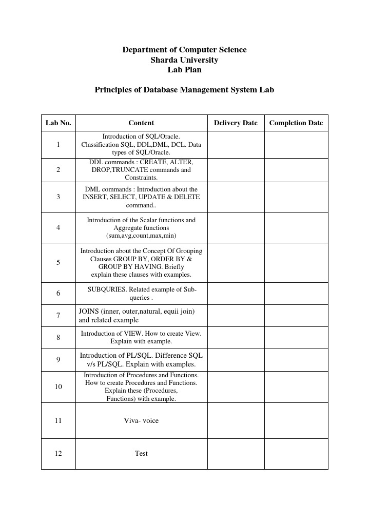 Database Management System Lab Plan | PDF