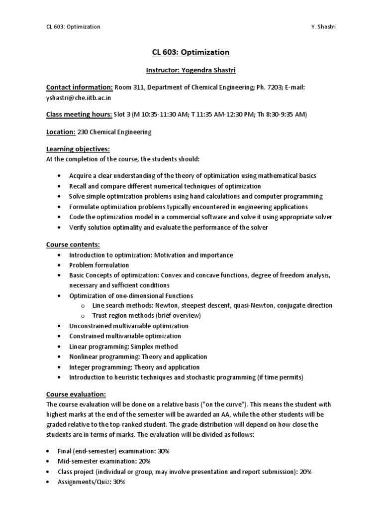 CL 603 - Course Handout | PDF | Mathematical Optimization | Computational Science