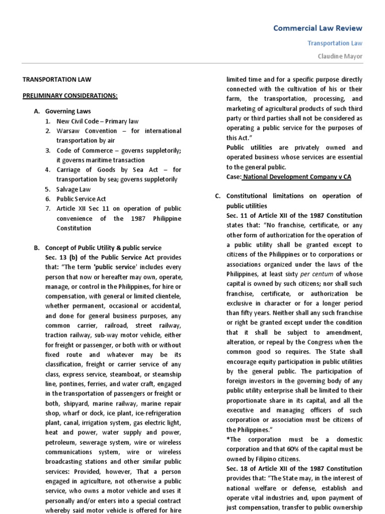 Overview of Transportation Law in the Philippines | PDF | Common ...