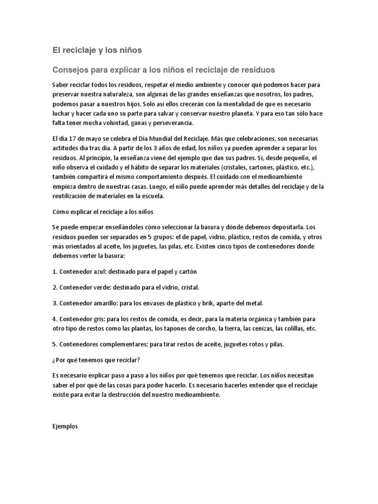 El Reciclaje y Los Niños - Cuento | Descargar gratis PDF | Reciclaje | Residuos