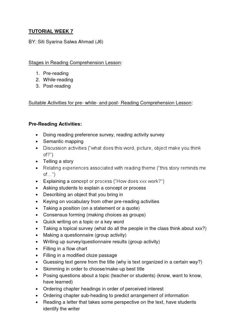 Pre, While Post Reading Activities | PDF | Reading Comprehension ...