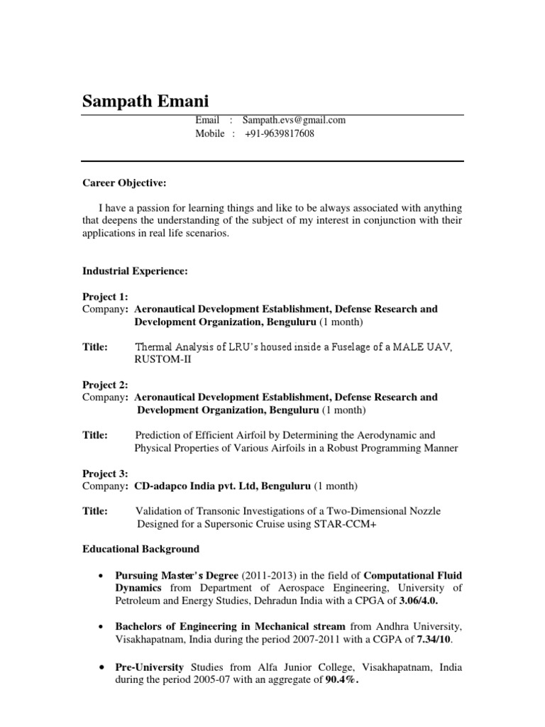 Sampath Resume | PDF | Computational Fluid Dynamics | Aerodynamics