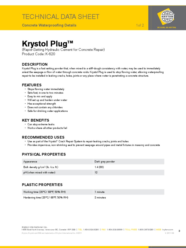 Technical Data Sheet Krystol Plug | PDF | Concrete | Materials