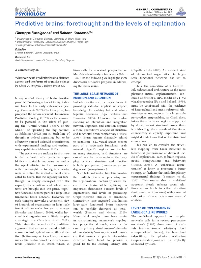 Predictive Brains Forethought and The Levels of Explanation | PDF ...