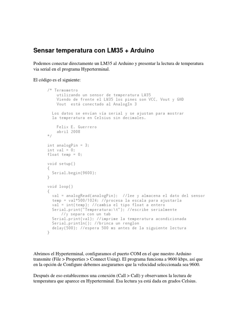 Sensor Temperatura Usando LM35 + Arduino | PDF