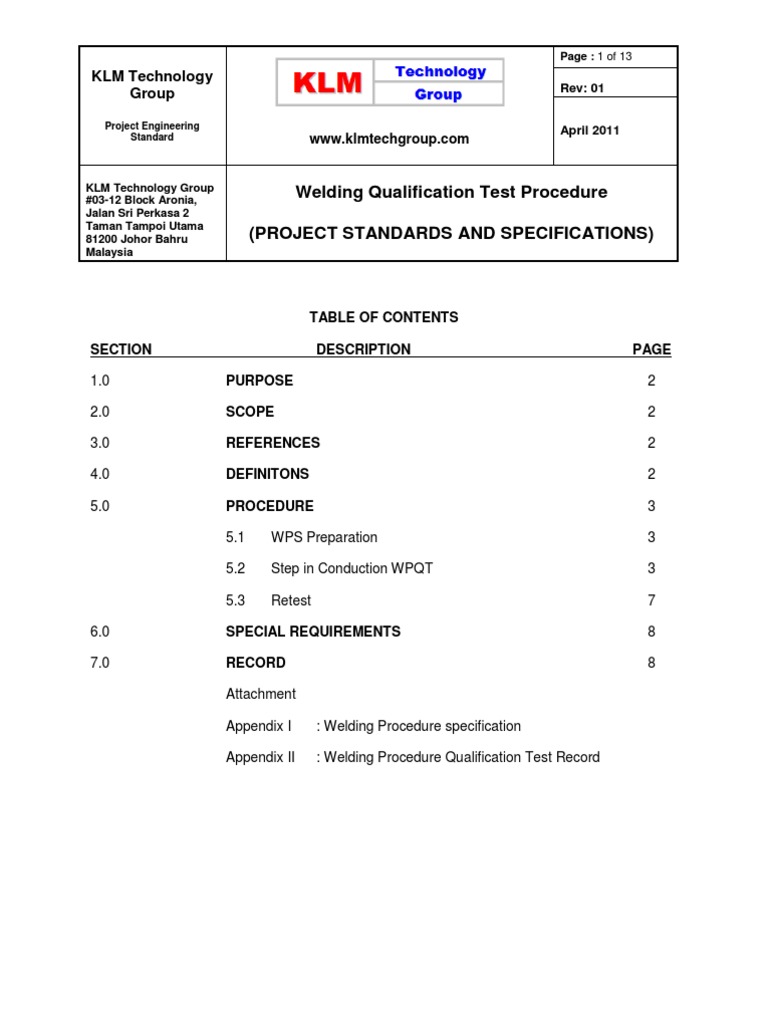 PROJECT STANDARDS and SPECIFICATIONS Welding Qualification Test ...