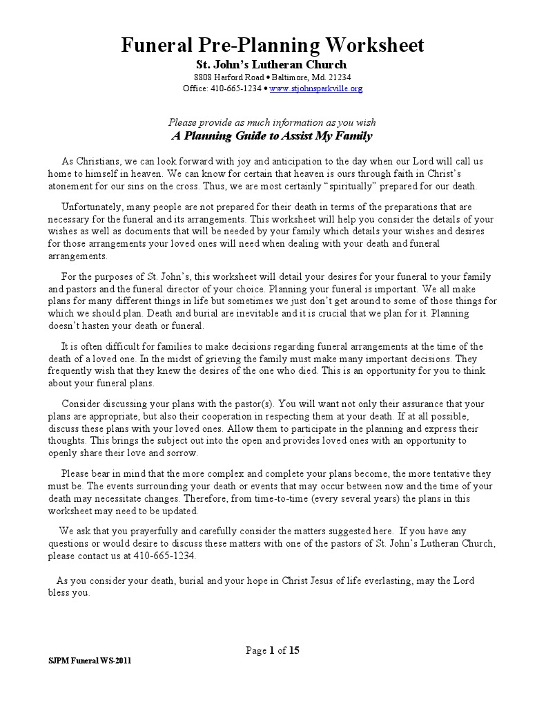 Funeral Pre-Planning Worksheet: A Planning Guide To Assist My Family ...