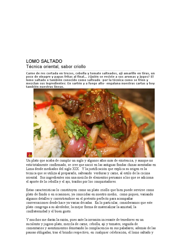 Lomo Saltado y Un Poco de Historia | PDF | Carne | Preparación de ...