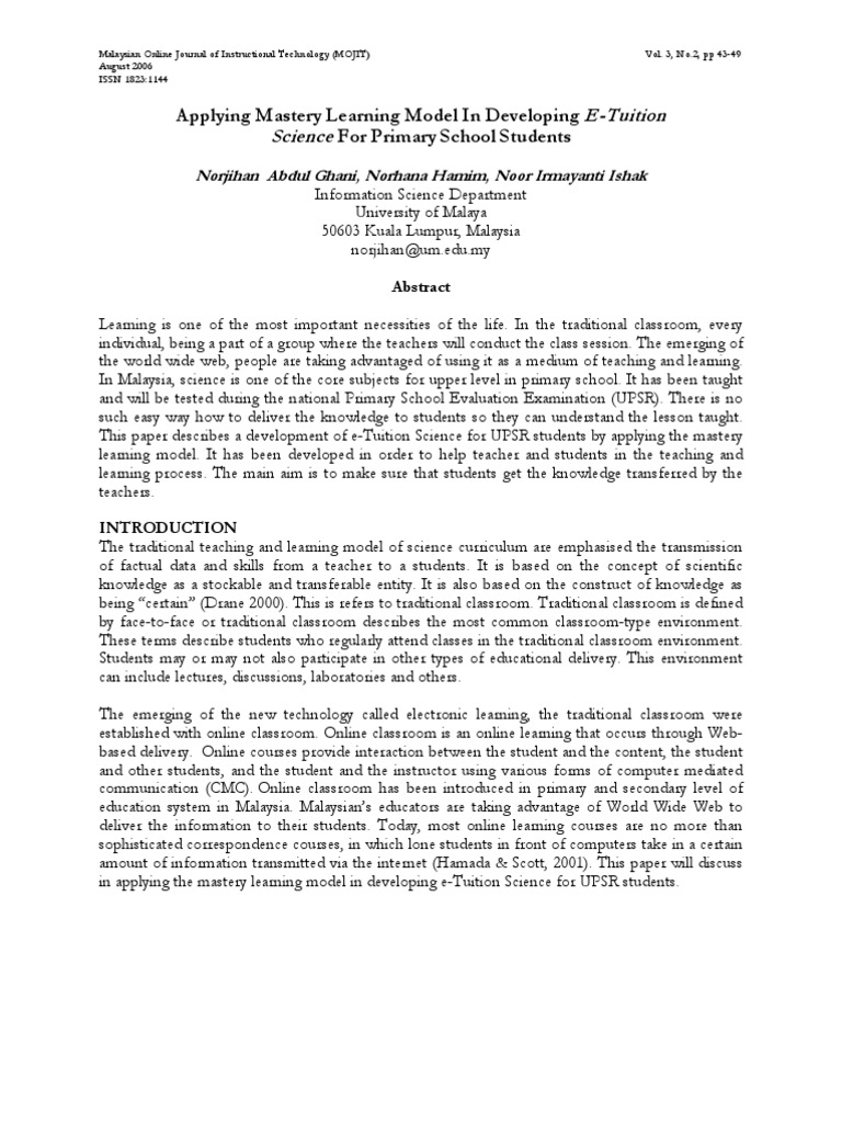 E-Tuition Science: Applying Mastery Learning Model in Developing For ...