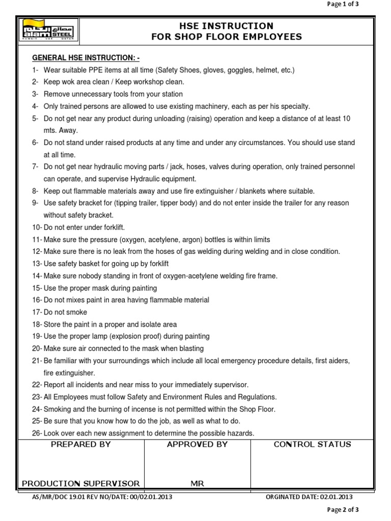 01.hse Instruction - Shop Floor | PDF | Employment | Clothing