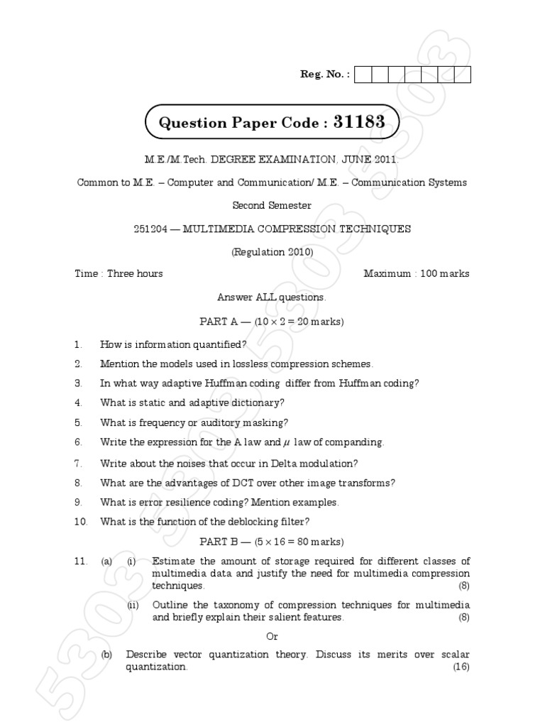 MUltimedia Compression Techniques Question Paper | PDF | Data ...