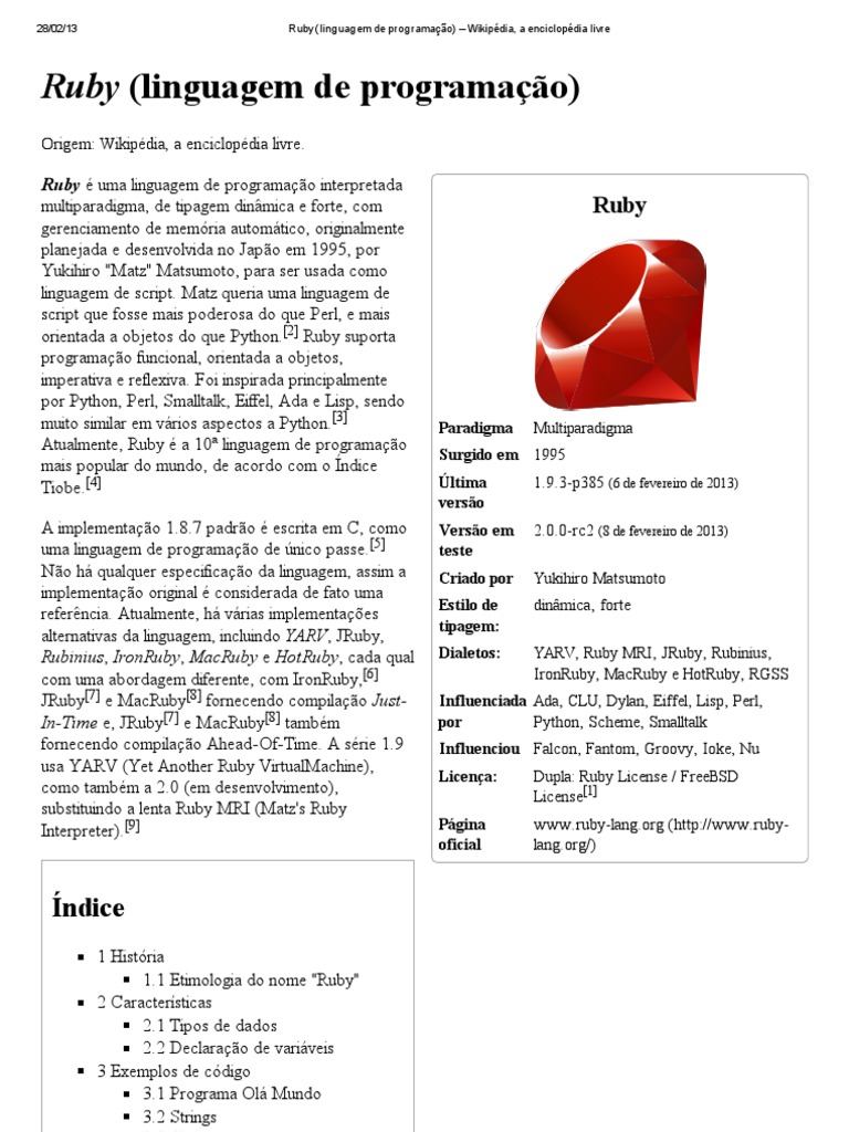 Ruby (Linguagem de Programação) - Wikipédia, A Enciclopédia Livre | PDF ...