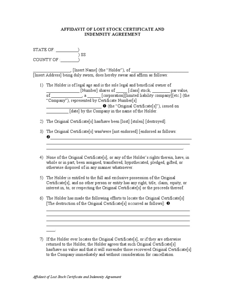 Affidavit Lost Stock and Indemnity | PDF | Civil Law (Common Law ...