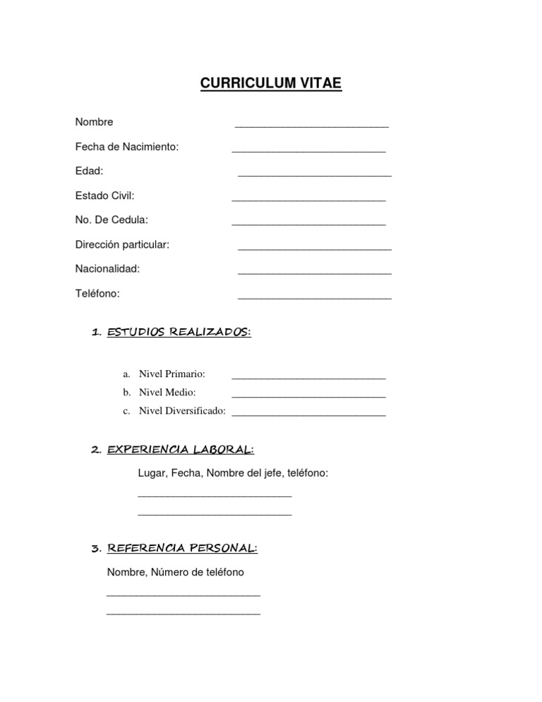 Formato Curriculum Vitae Para Llenar E Imprimir Curriculum Vitae Idea ...
