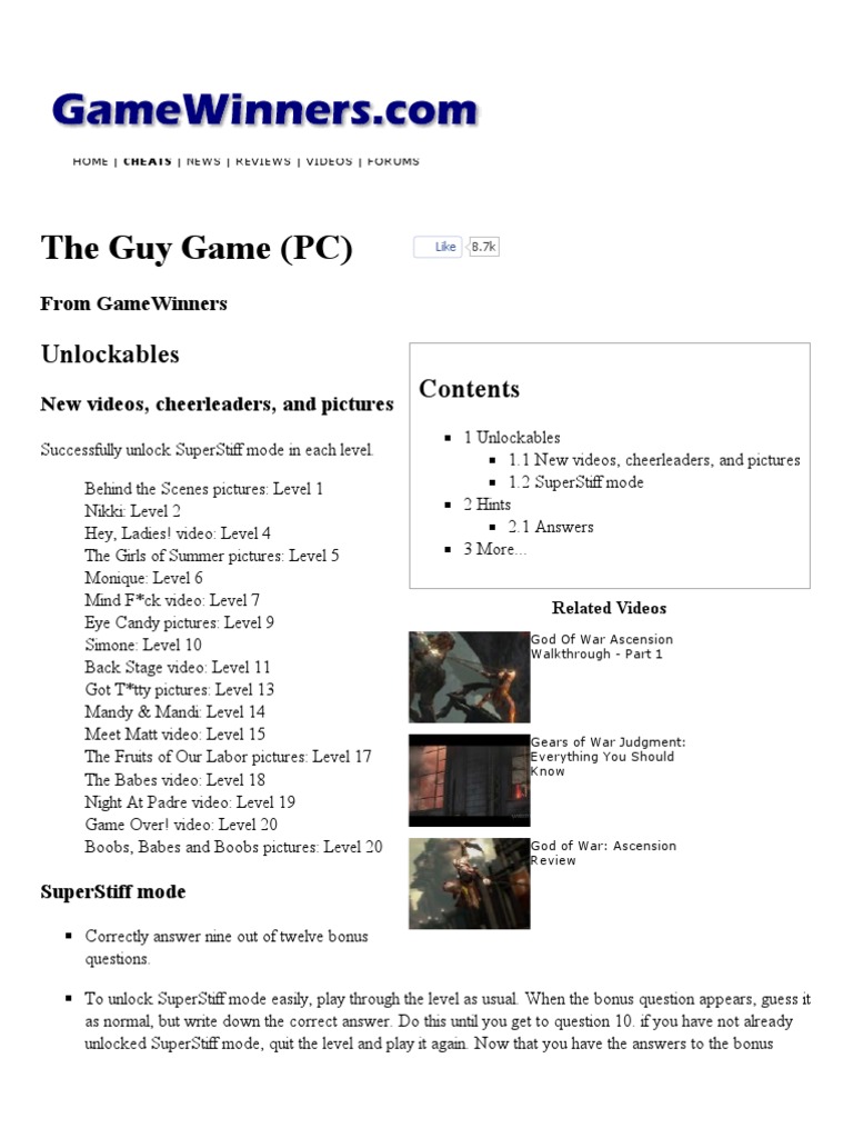 The Guy Game (PC) Cheat Codes, Hints, and Help | PDF | Leisure | Sports