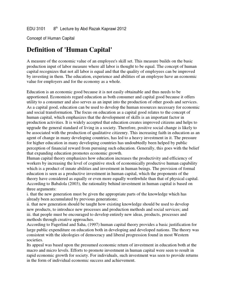 Concept of Human Capital | PDF | Human Capital | Capital (Economics)