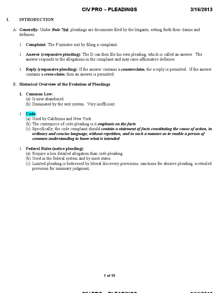 Civil Procedure: Pleadings Overview | PDF | Pleading | Demurrer