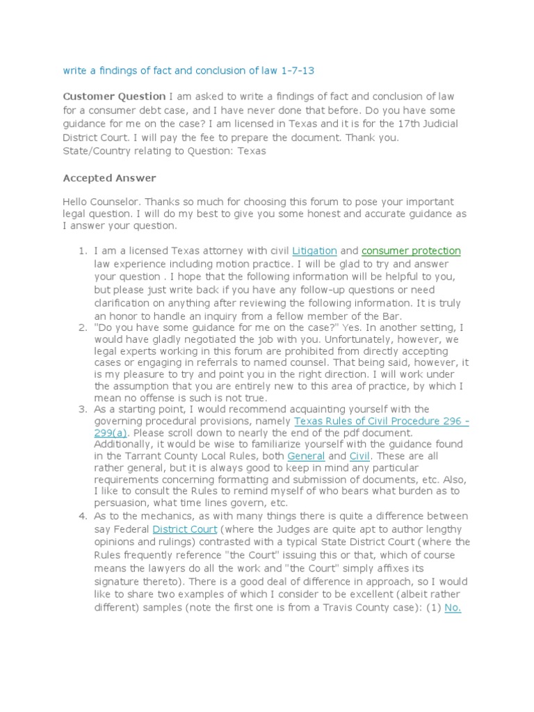 Write A Findings of Fact and Conclusion of Law 1 | PDF | Lawyer ...
