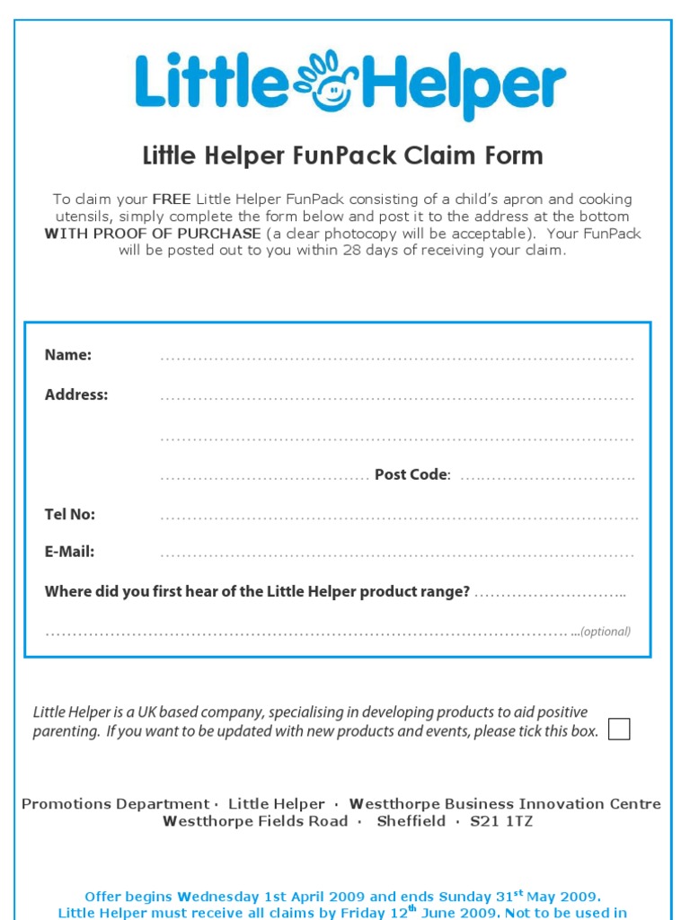 Little Helper FunPack Claim Form | PDF | Business