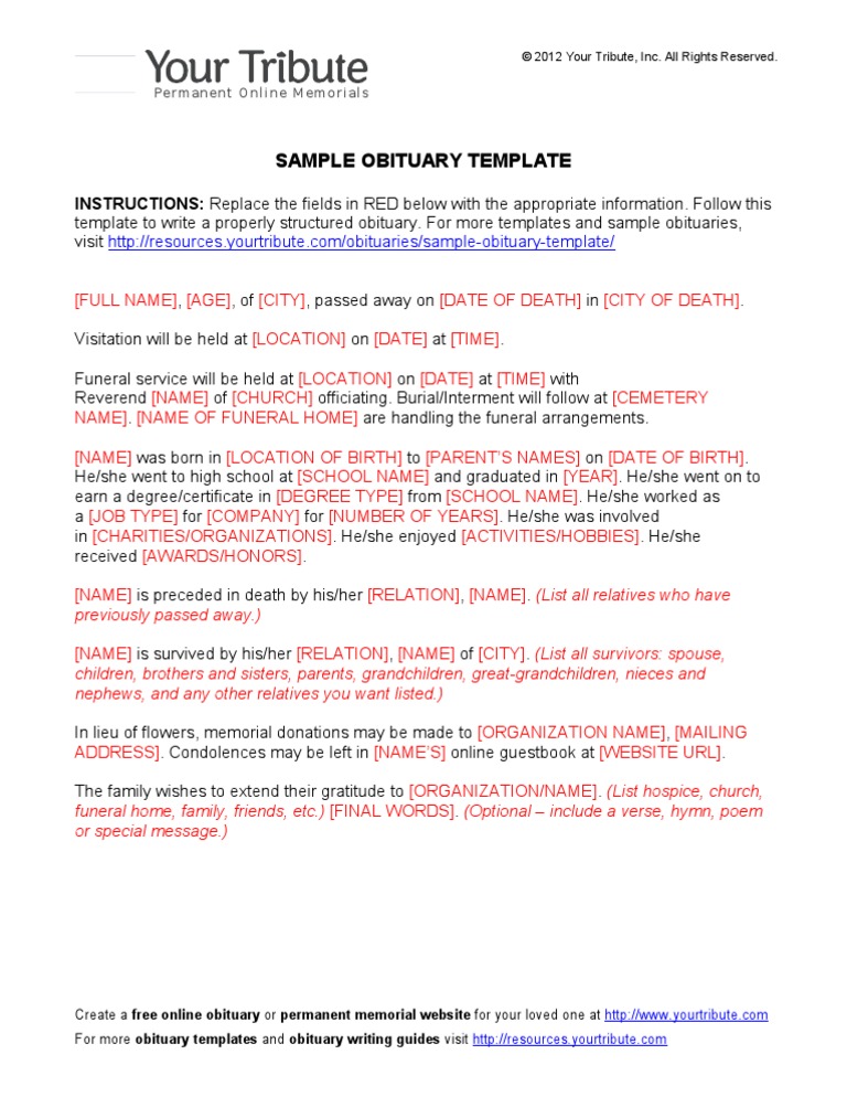 Sample Obituary Template Guide | PDF