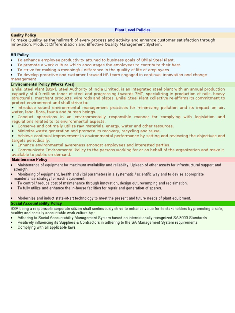 Quality Policy: Plant Level Policies | Download Free PDF ...