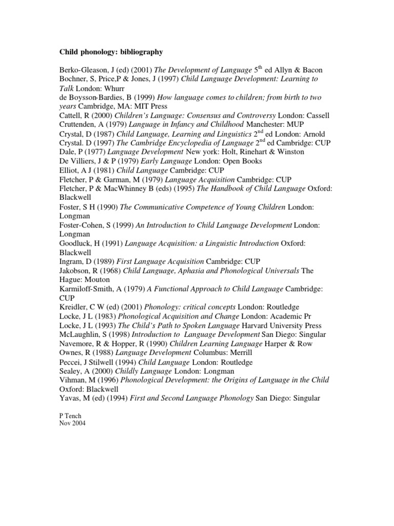 Talk London: Whurr Years Cambridge, MA: MIT Press: Child Phonology: Bibliography | PDF