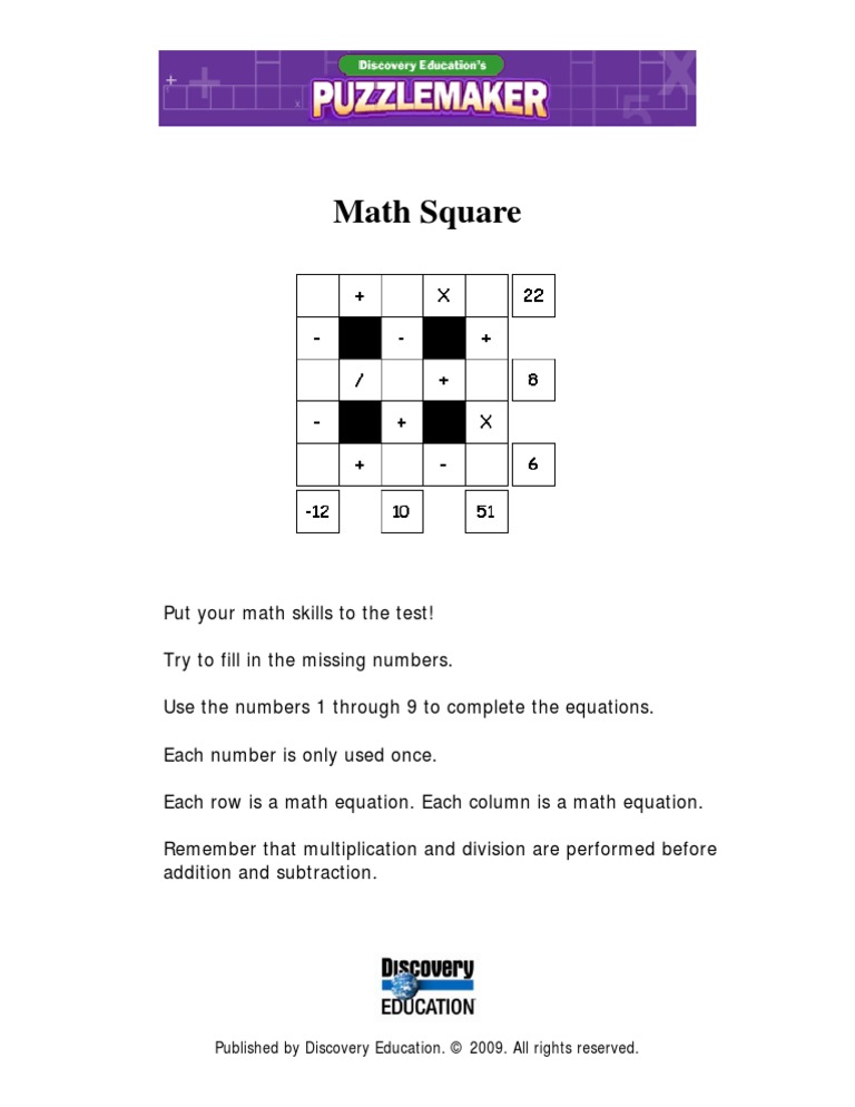 Math Square Challenge | PDF | Teaching Methods & Materials