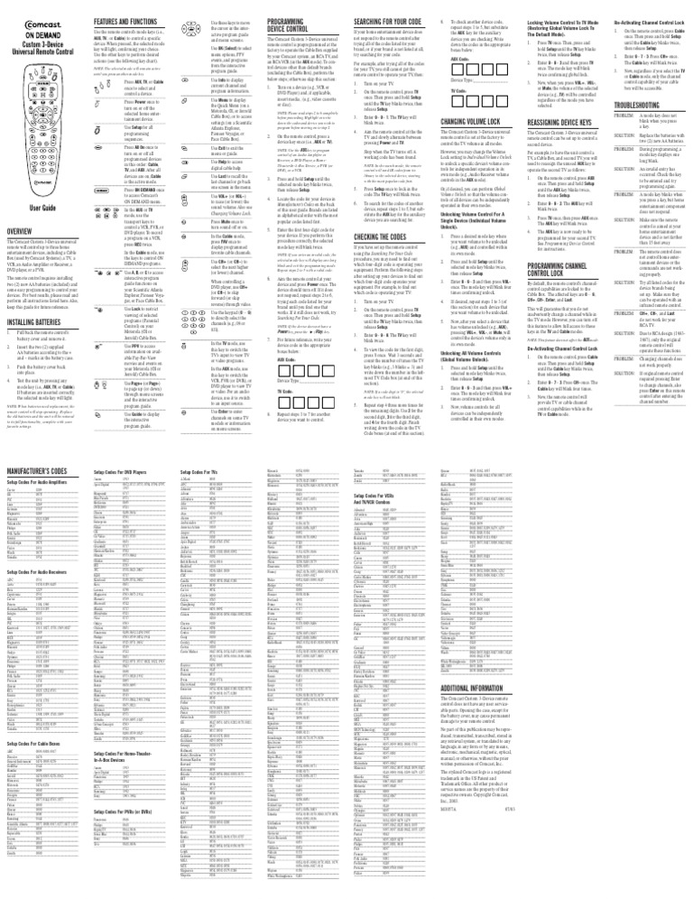 Comcast Remote Control Codes | PDF | Technology & Engineering