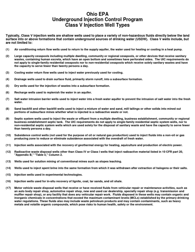 An Overview of Class V Injection Well Types Regulated Under the Ohio ...