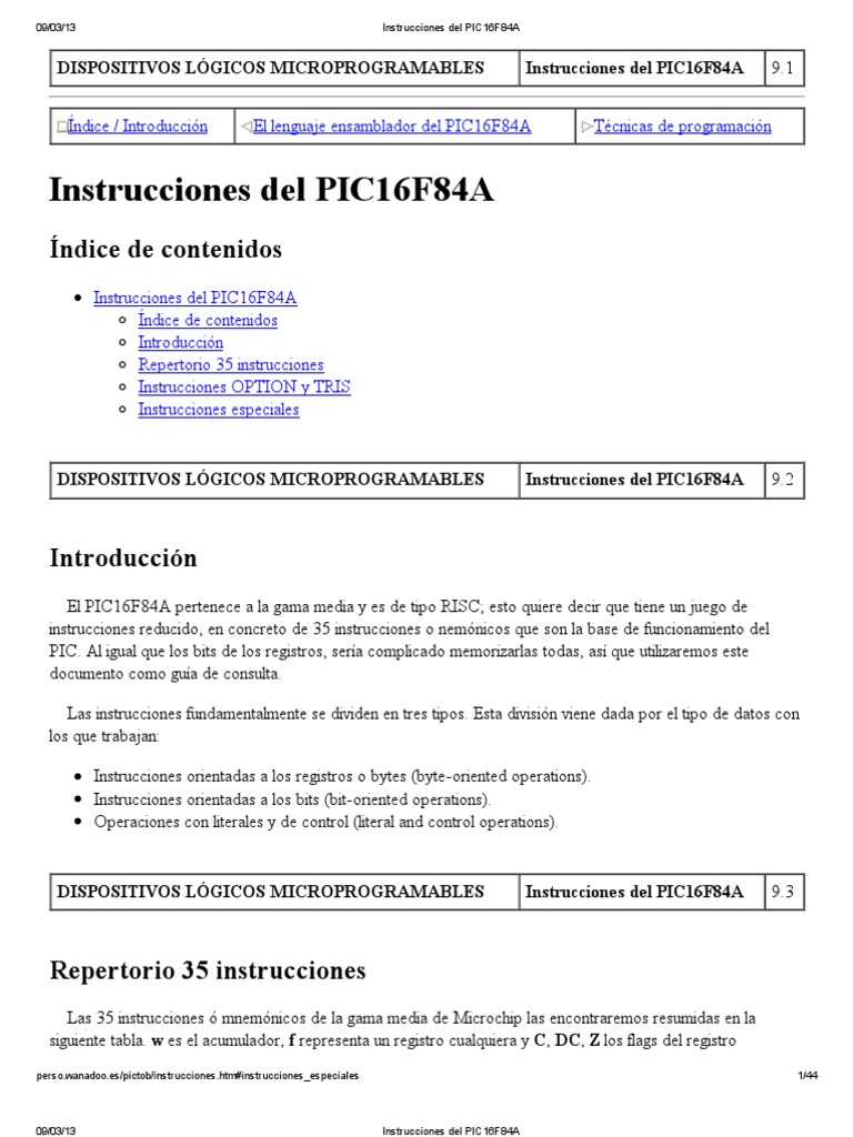 Instrucciones PIC16F84A PDF | PDF | Poco | Tecnología digital