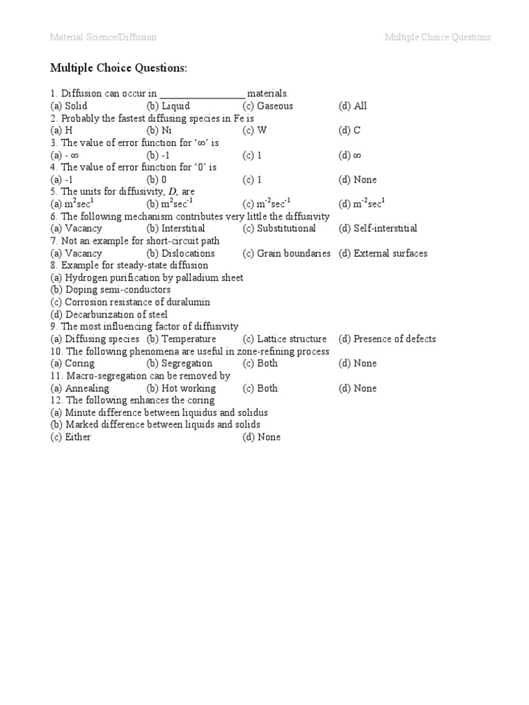Material Science/Diffusion Multiple Choice Questions | PDF | Teaching Methods & Materials ...