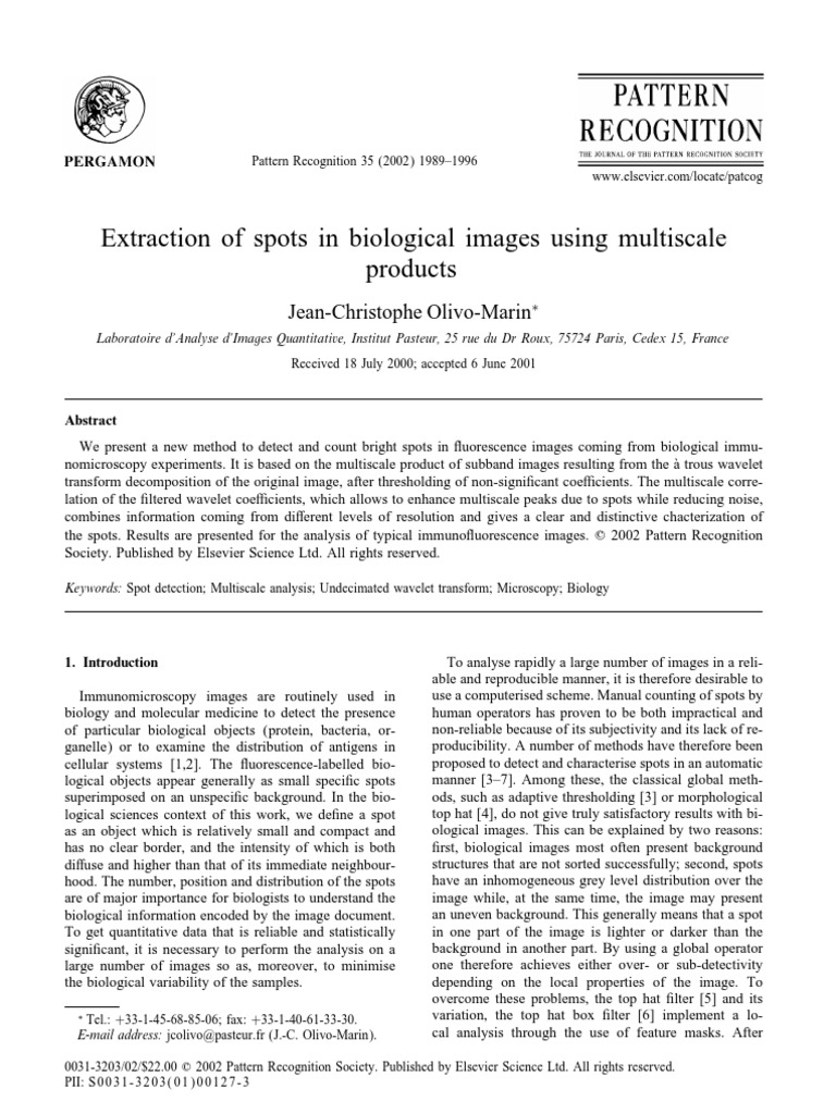 Detection of Spots in Biological Images Using a Multiscale Wavelet Analysis Approach | PDF ...