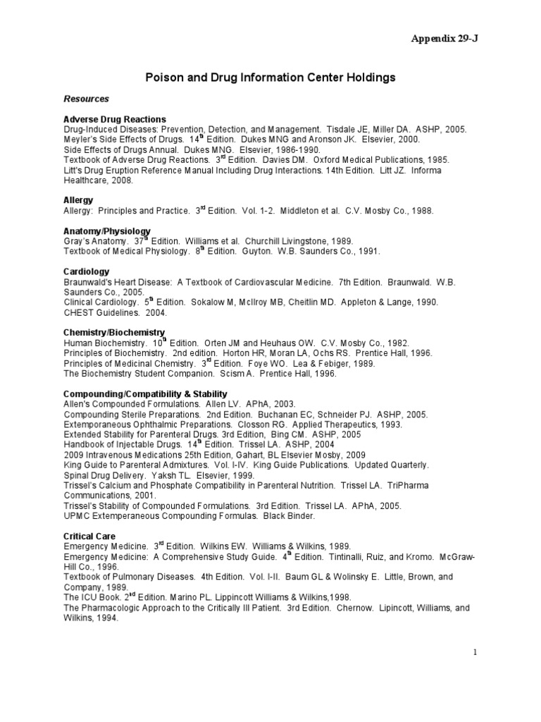 Appendix 29-J Poison and Drug Information Center Holdings | PDF ...