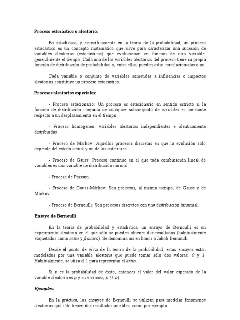 Procesos Estocásticos y Bernoulli | PDF | Variable aleatoria | Teoría ...