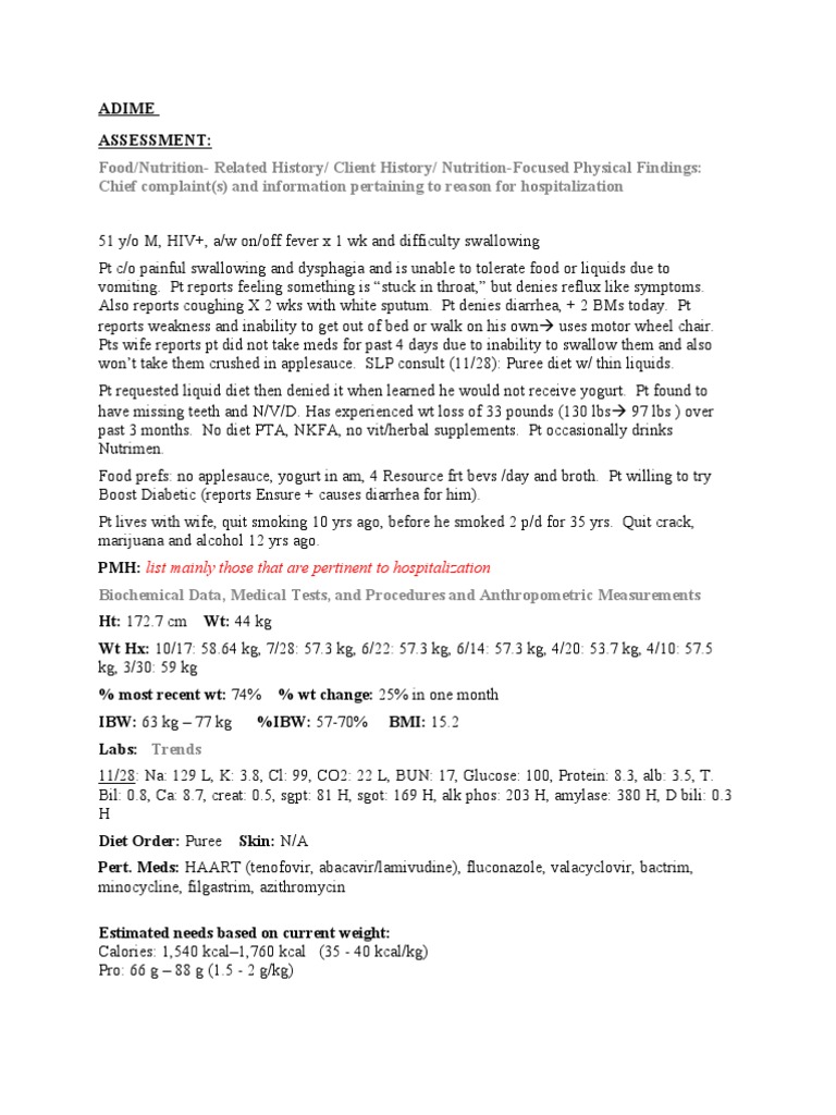 Food/Nutrition-Related History/ Client History/ Nutrition-Focused Physical Findings: Chief ...