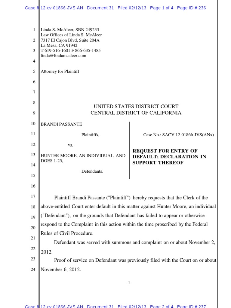 Passante v. Hunter Moore: Request For Entry of Default and Clerk's ...