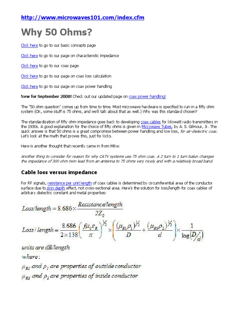 Why 50 Ohms?: Cable Loss Versus Impedance | PDF | Coaxial Cable | Physics