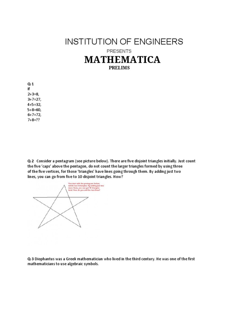 INSTITUTION OF ENGINEERS PRESENTS MATHEMATICA PRELIMS | PDF | Teaching ...