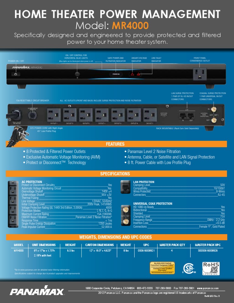 Panamax MR4000 Home Theater Power Management System Spec Sheet | PDF ...