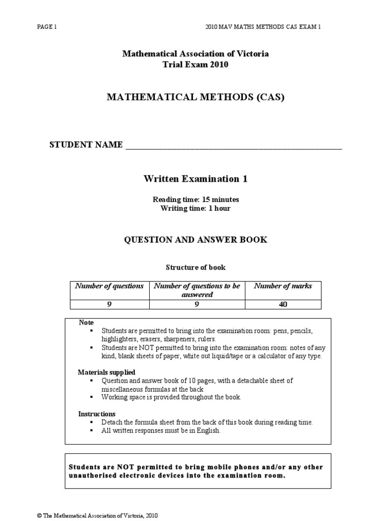MAV 2010 Maths Methods Trial Exam 1 | PDF | Asymptote | Cartesian ...