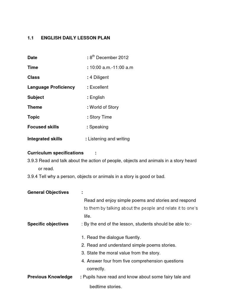 Year 4 English Lesson Plan: Story Time | PDF | Lesson Plan | Teachers